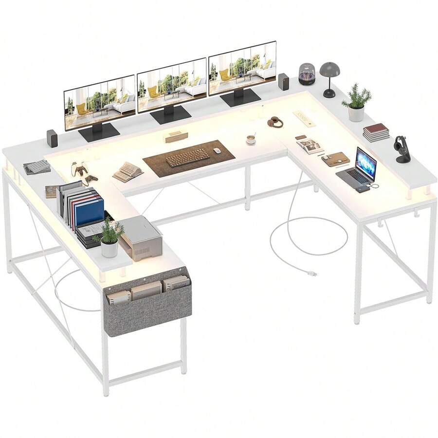 U-Shaped Gaming Desk With Power Outlets, LED Strip, And Storage Shelves ...