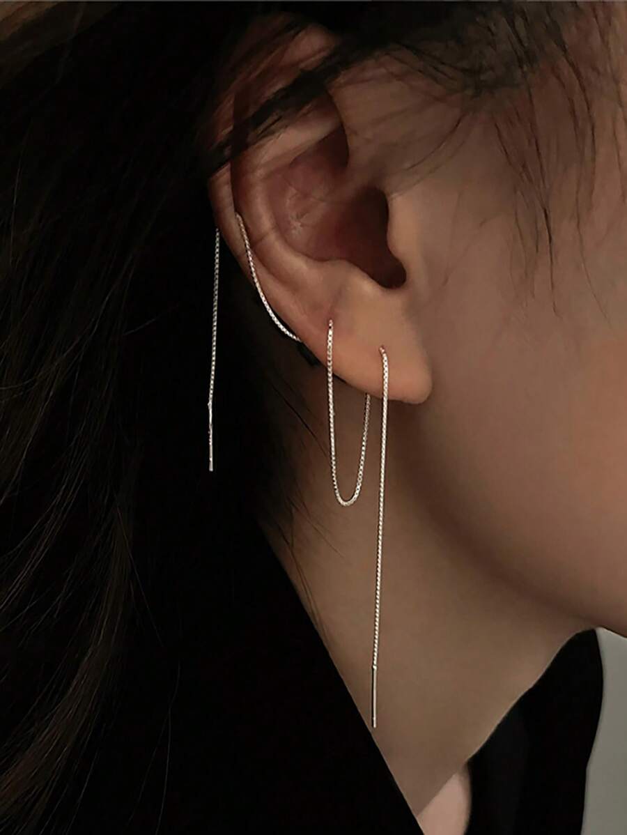 1 Pc Silver Needle Long Earrings Wire Tassel Chain Drop Earring Women's ...