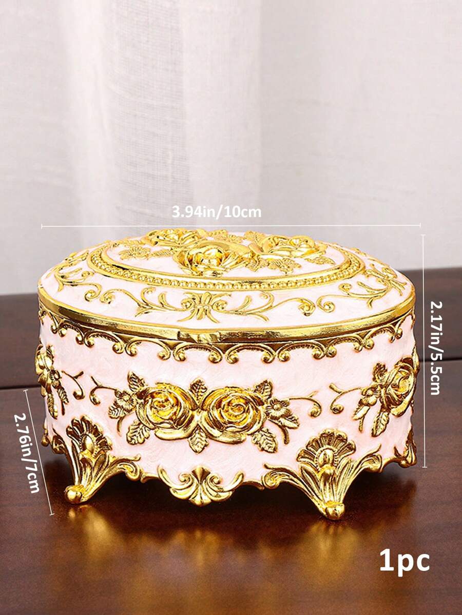 Vintage Round Jewelry Box Small Trinket Storage Case, Gold Metal Chest ...