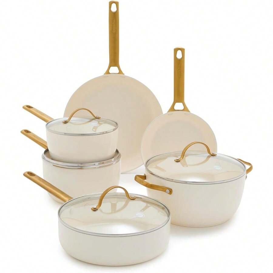 10 Piece Cookware Pots And Pans Set, Gold Tone Stainless Steel Handle ...