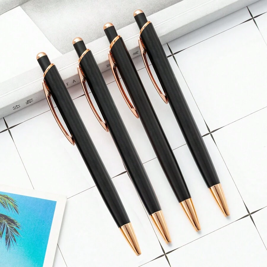 Aluminum Rose Gold Ballpoint Pen With Large Diamond & Black Classic ...