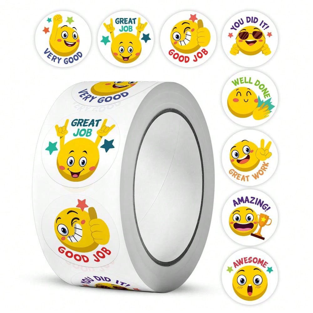 500pcs/Roll, 2.5cm, Cartoon Yellow Face Expression Stickers For Teacher ...