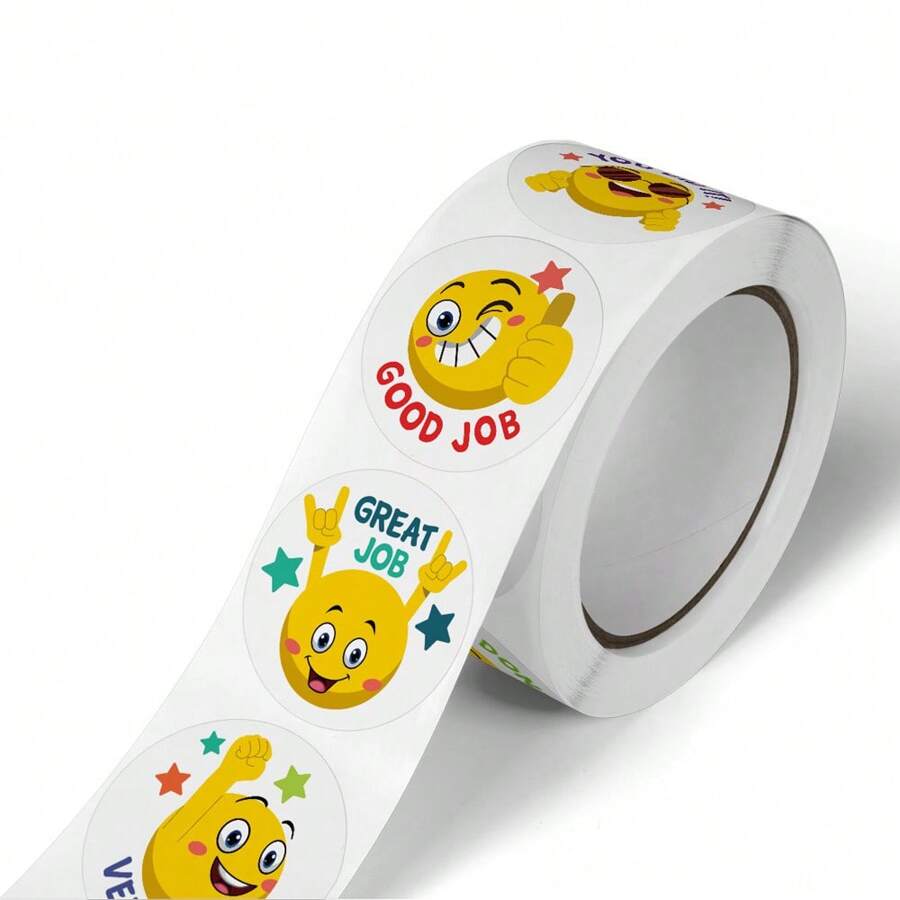 500pcs/Roll, 2.5cm, Cartoon Yellow Face Expression Stickers For Teacher ...