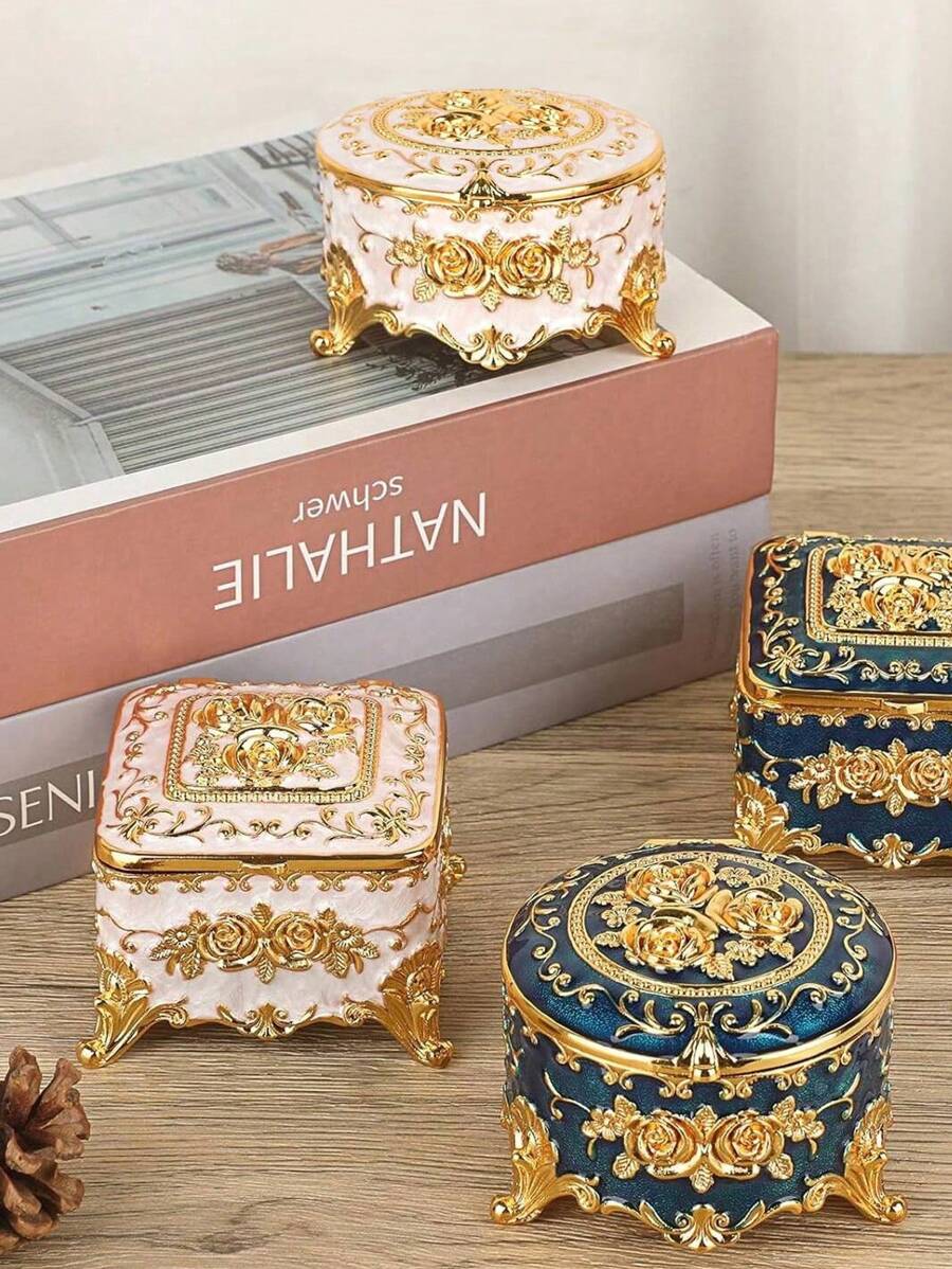 Vintage Round Jewelry Box Small Trinket Storage Case, Gold Metal Chest ...