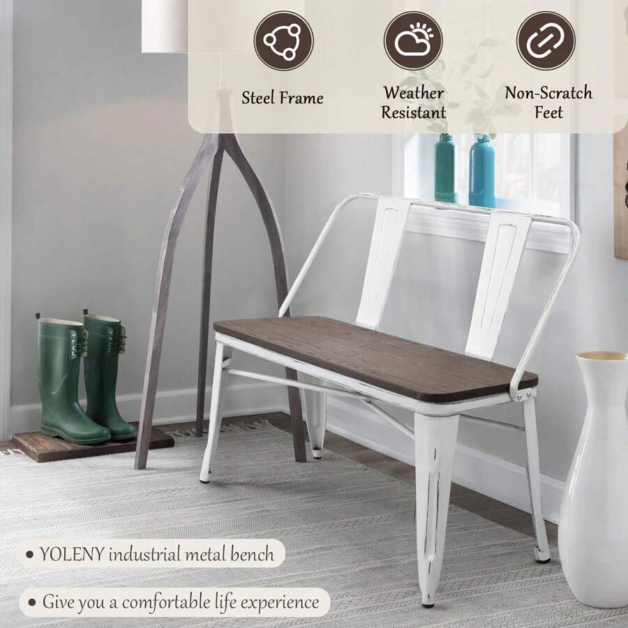 Dining Bench, Entryway Bench With Back, Farmhouse Metal Dining Bench ...