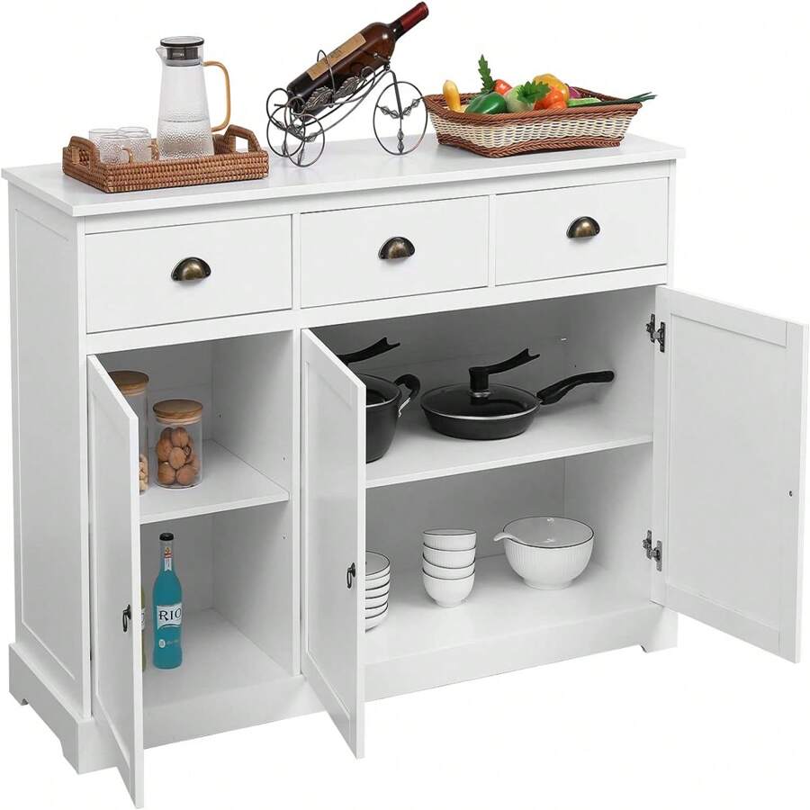 White Buffet Cabinet With Storage, Kitchen Sideboard With 3 Doors & 3 ...