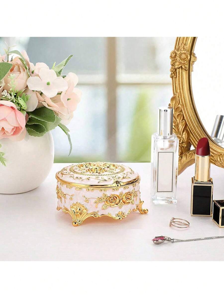 Vintage Round Jewelry Box Small Trinket Storage Case, Gold Metal Chest ...