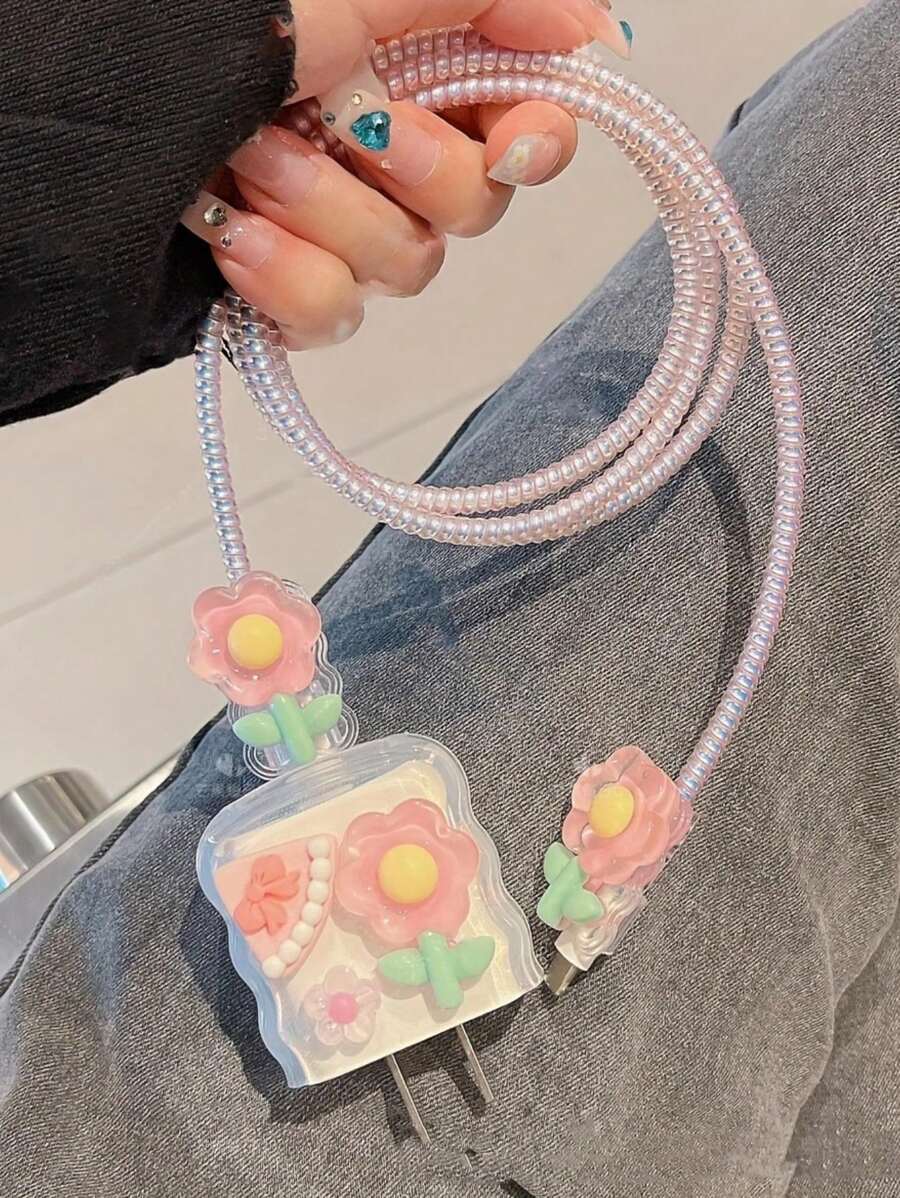 5pcs Fresh 3d Flower Pattern Cable Protector For 20w Charger And 18w ...
