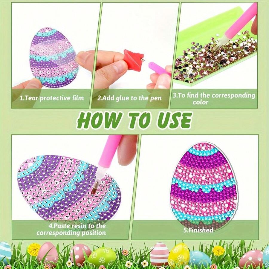 15pcs/Set Diy Paint By Numbers Easter Egg Diamond Painting Keychain Kit ...