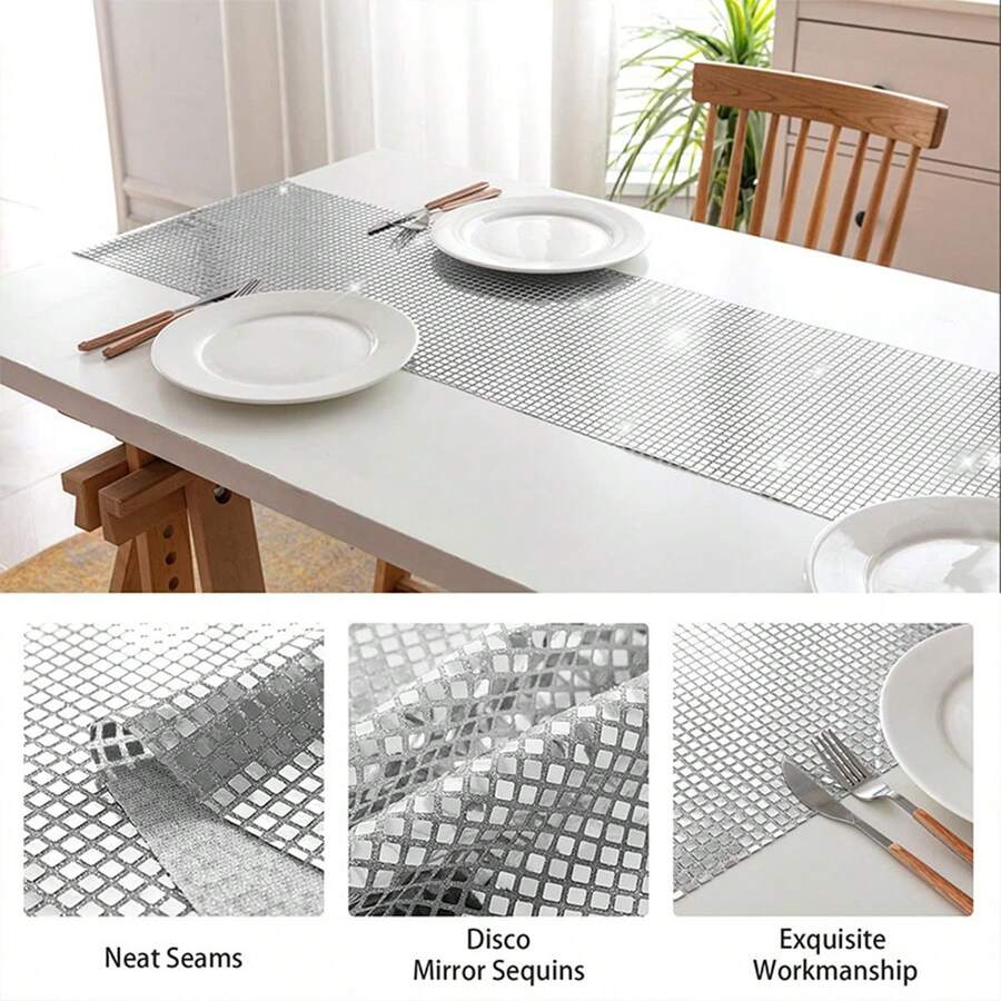 1-4pcs Silver Table Runner With Highly Attractive Grid Sequin Print For ...