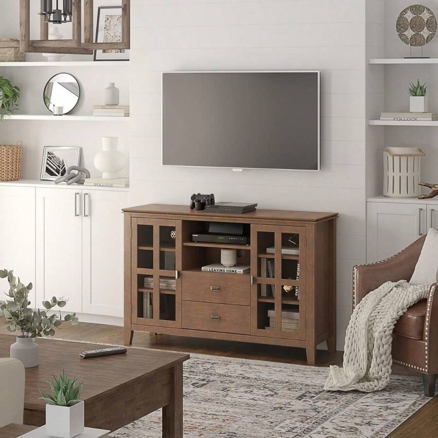 SOLID WOOD 53 Inch Wide Contemporary TV Media Stand In Rustic Natural ...