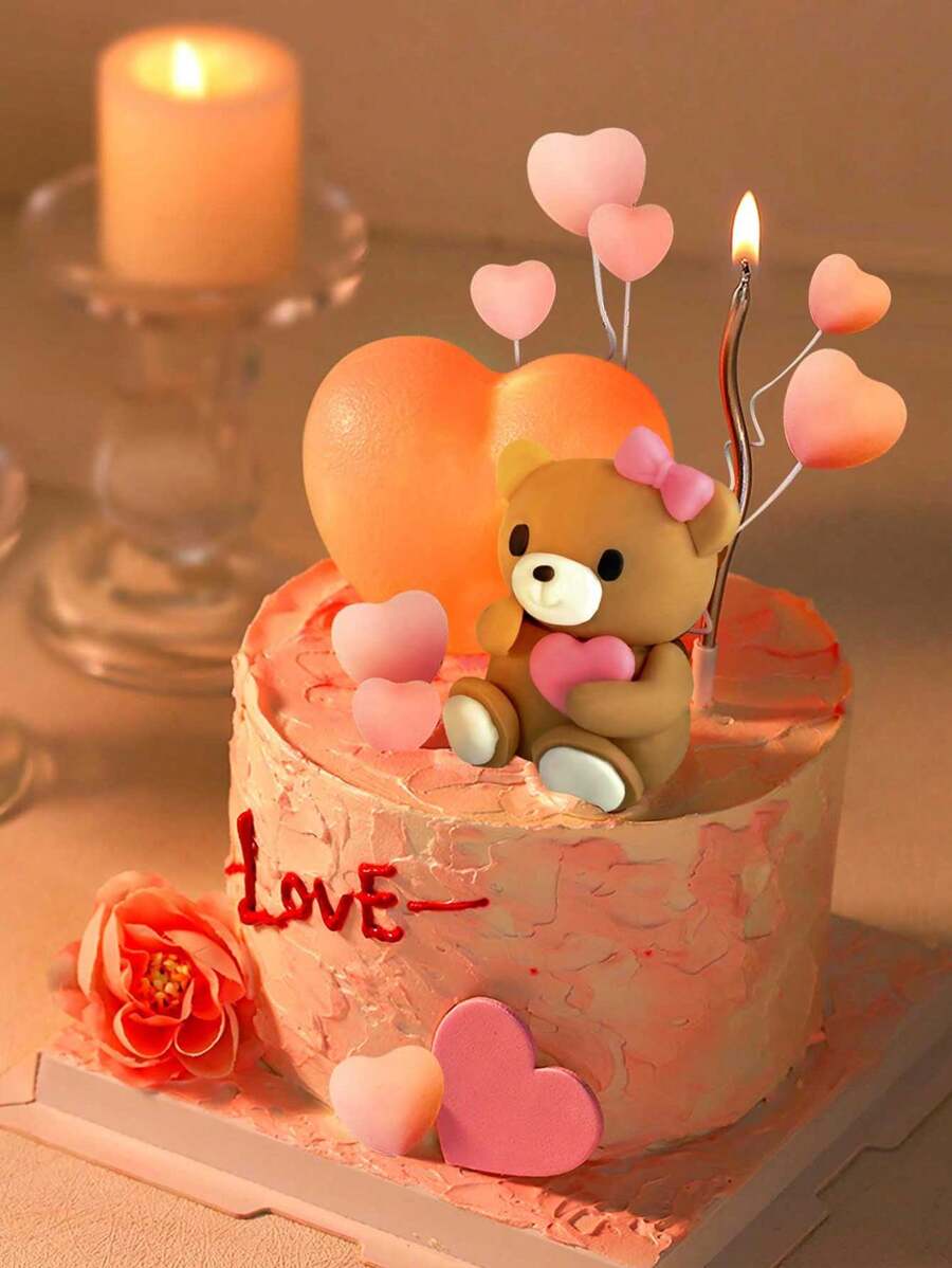 LaVenty Pink Heart Cake Topper Bear Love Cake Decortaion Mother's Day ...