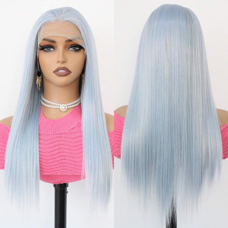 New Cosplay Grey Blue Straight 16inch Synthetic Lace Front Wigs Heat ...