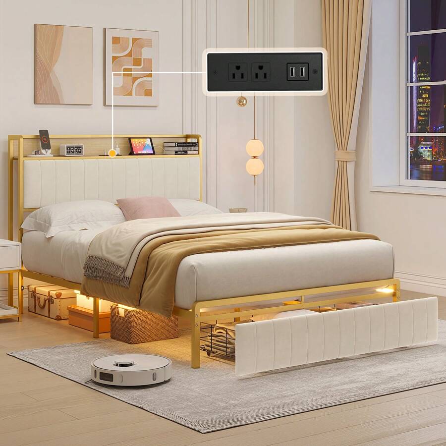 Storage Bed Frame With Motion Activated Light, LED Platform Bed With ...
