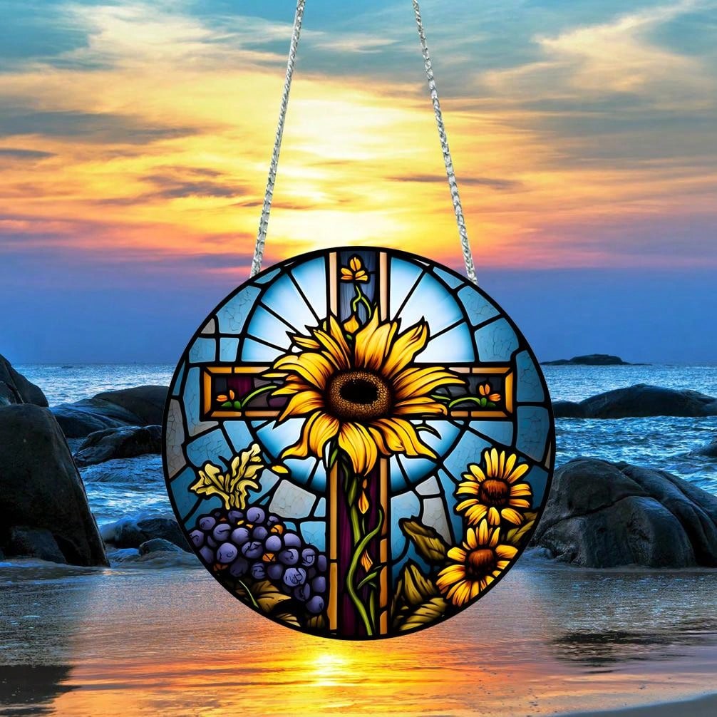 Sunflower Cross-Shaped Prayer Pendant With Flower Decoration, Acrylic ...