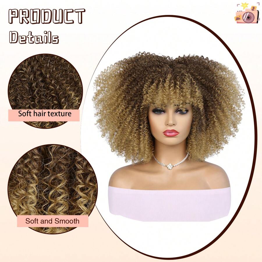 14 Inch Blonde Short Curly Wig With Bangs Small Curly Womens Synthetic