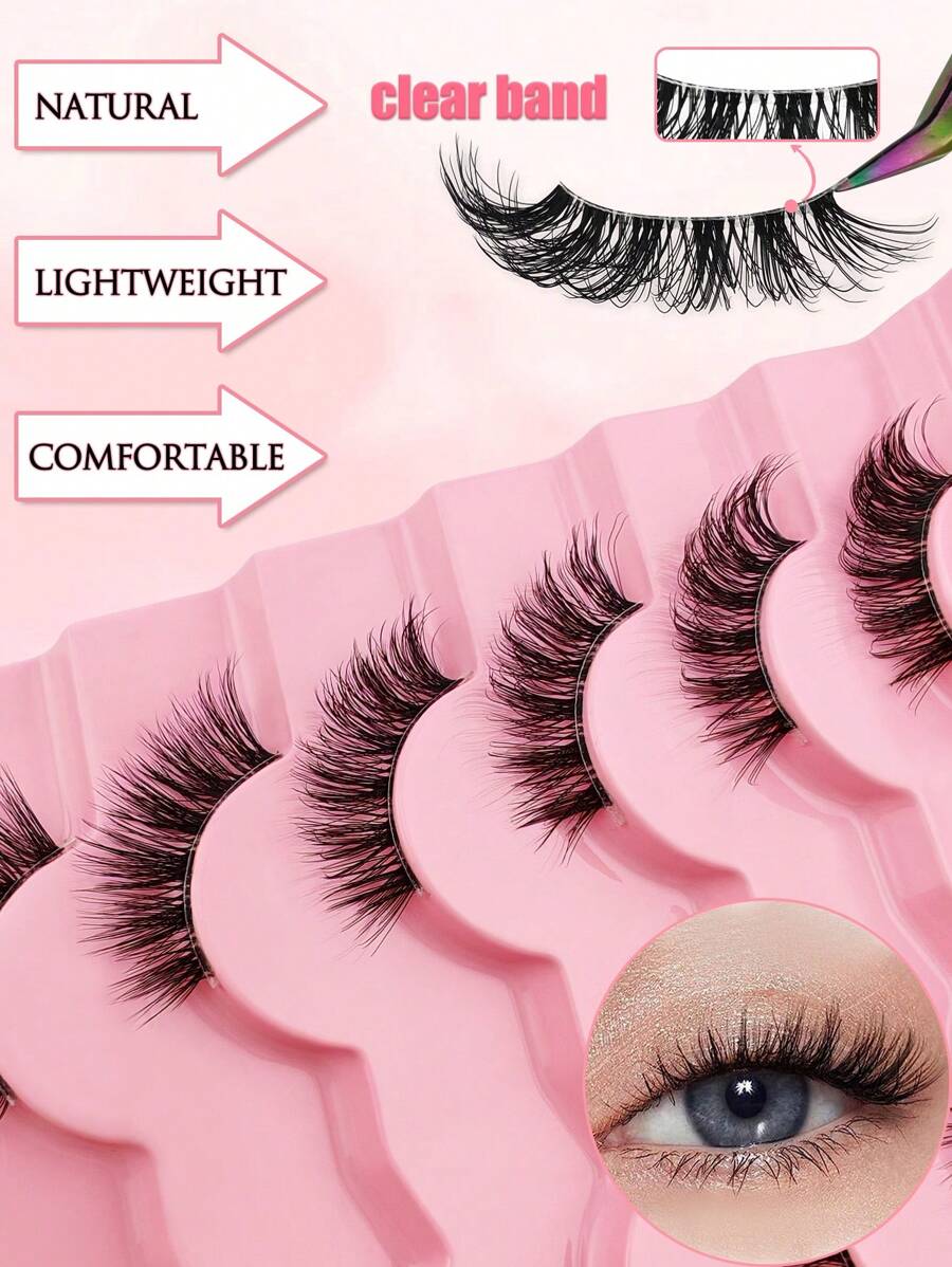 7 Pairs Half Lashes Natural Look With Clear Band Wispy Fluffy Cat Eye ...