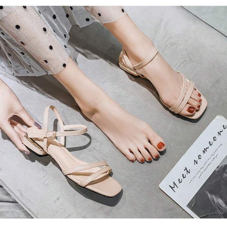 Women's Square Open Toe Ankle Strap Low Block Chunky Heels Sandals Roman | SHEIN USA