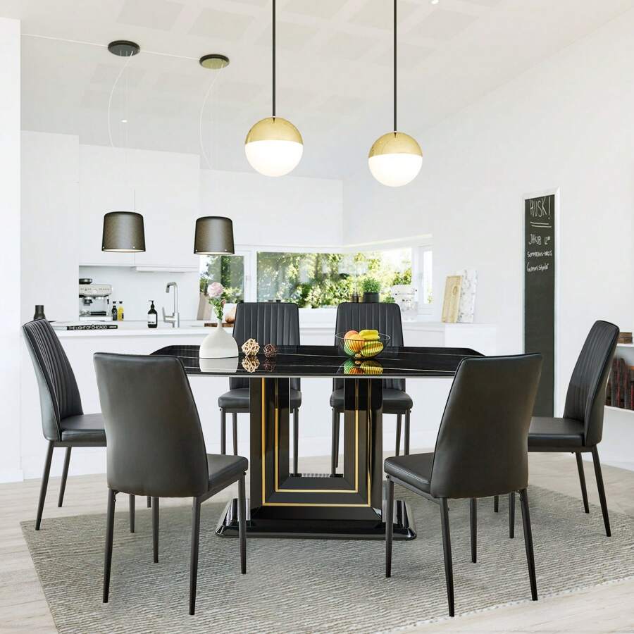 Merax 7-Piece Faux Marble Dining Table, Glass Rectangular Kitchen Table ...