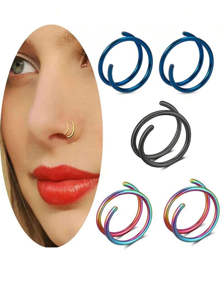 6pcs Stainless Steel Double Layer Twisted Nose Ring Body Piercing Nose Jewelry | SHEIN UK