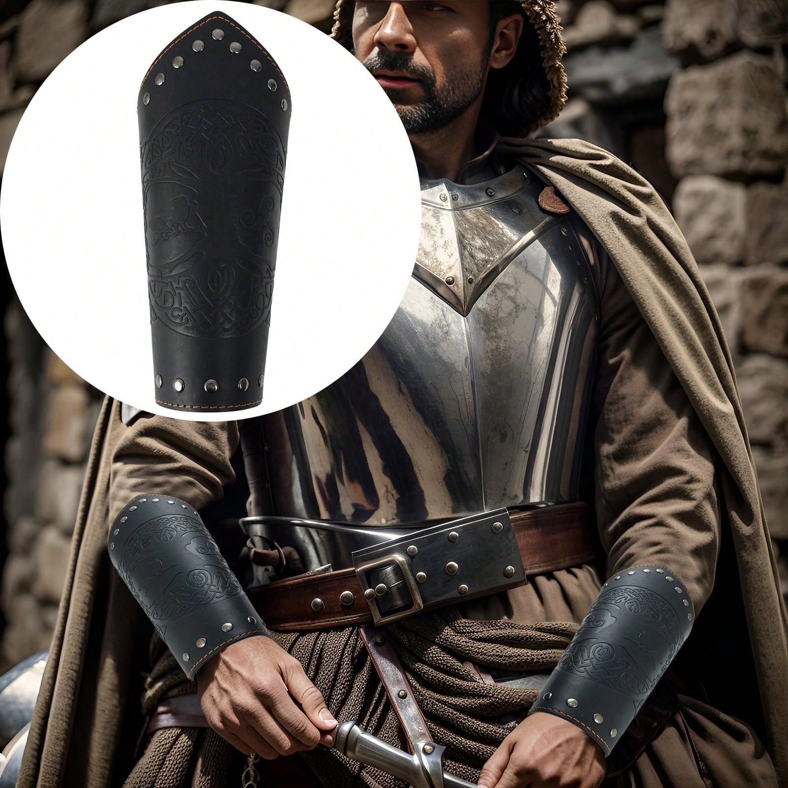1pc Medieval Viking Warrior Knight Black Bracer Gothic Style Pu Leather ...