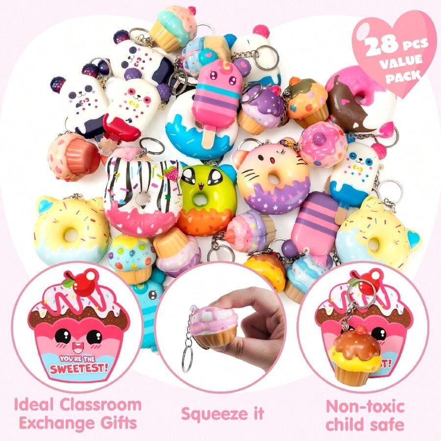Syncfun 28 Packs Dessert Squishy Toys Stress Relief Keychains With ...