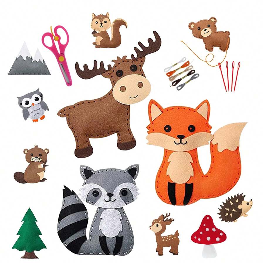 12 Pcs Felt Sewing Craft Kits For Kids, Forest Animals Craft Sewing Kit ...