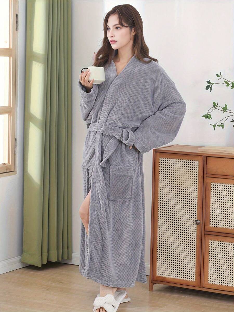 1pc Coral Fleece 3d Pineapple Texture Bathrobe, Without Cap, Straight ...