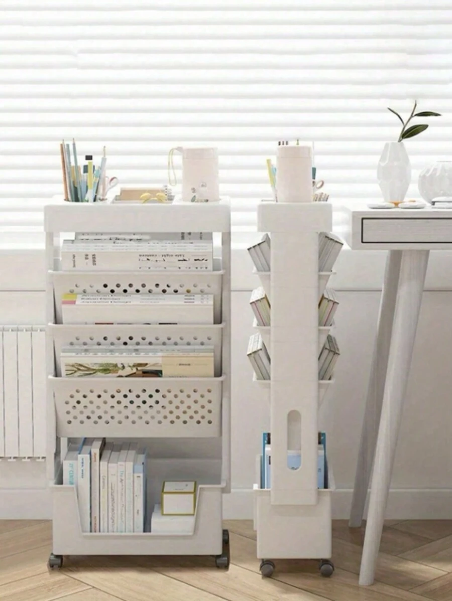 1pc Movable 5-Tier White Desk Bookshelf With 4 Wheels.Combination ...