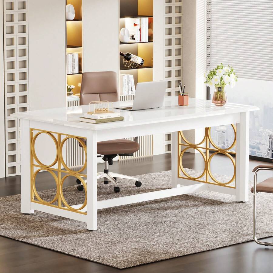 Tribesigns 63" Executive Desk, Modern Office Desk With Gold Metal Legs ...