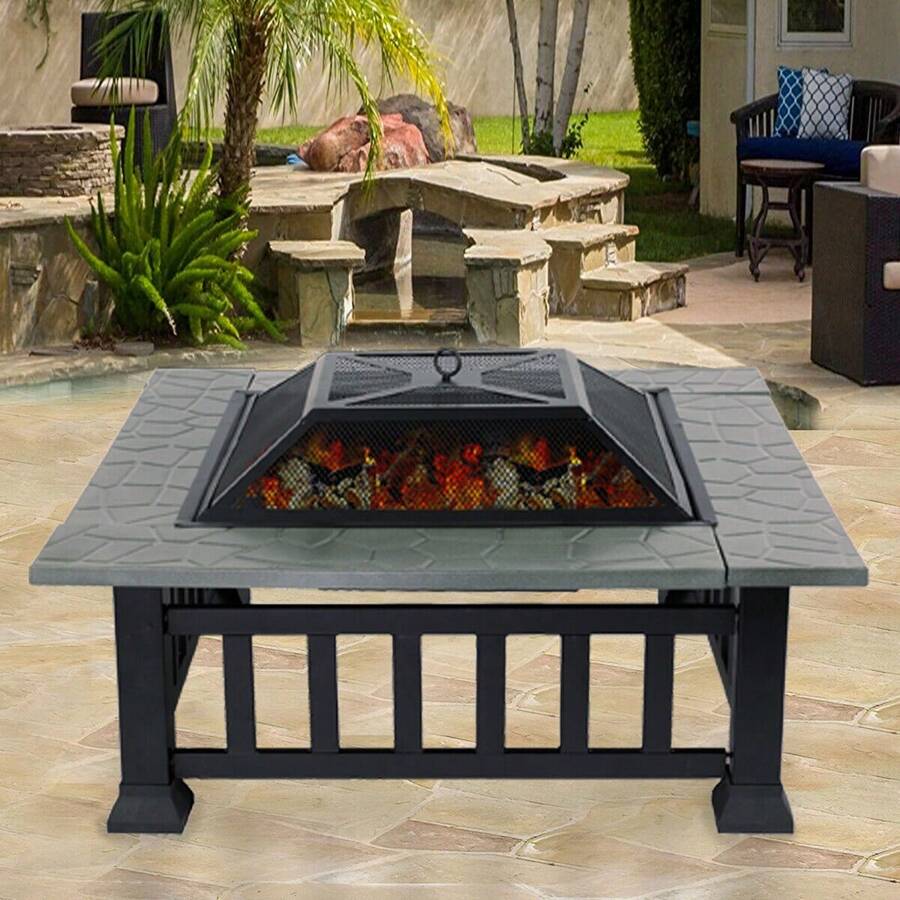 LUCKYERMORE 32" Outdoor Square Fire Pits W/BBQ Grill Wood Burning ...
