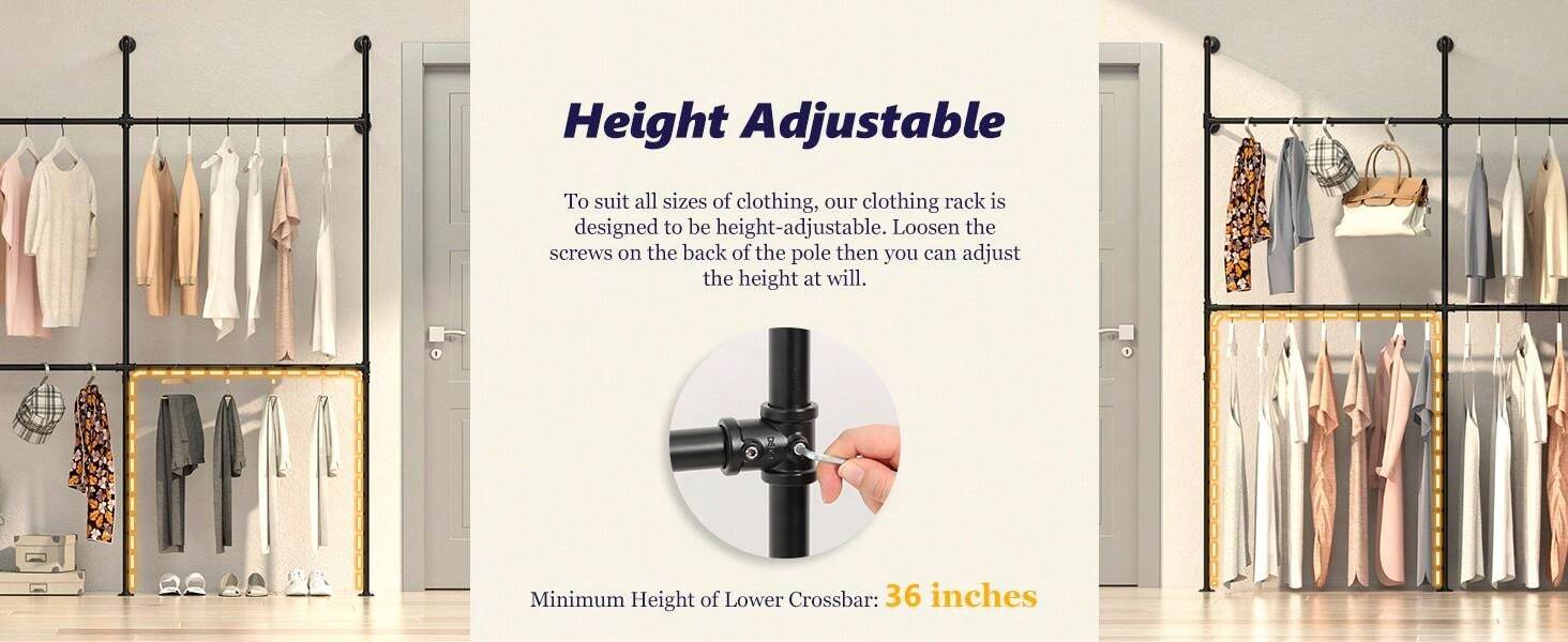 LUCKUP Industrial Pipe Clothing Rack Height Adjustable Garment Rack For ...