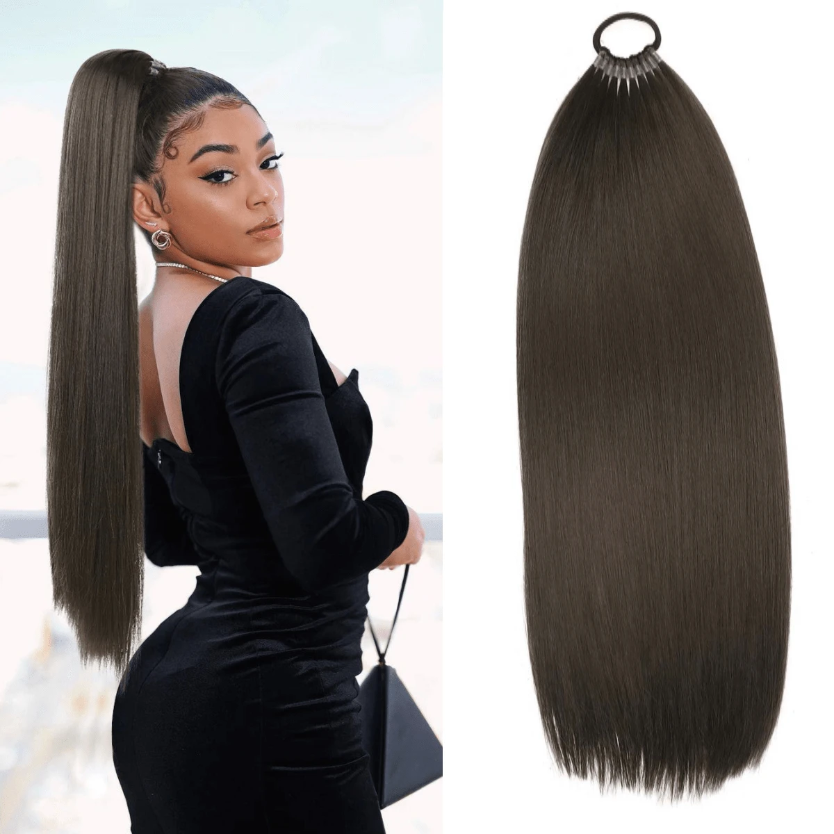 Ponytail Extension Pony Tail With Hair Tie 24inch Long Synthetic Yaki ...