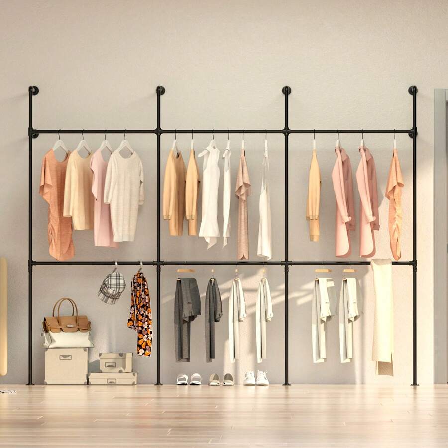 LUCKUP Industrial Pipe Clothing Rack Height Adjustable Garment Rack For ...