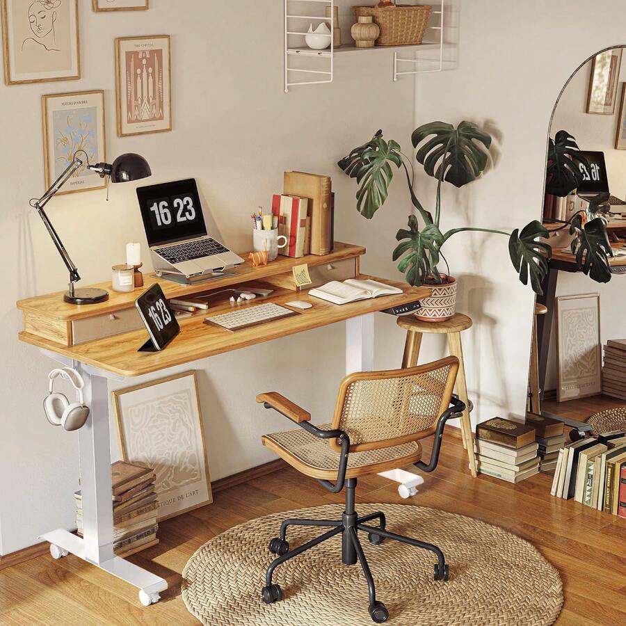 Height Adjustable Electric Standing Desk With Double Drawer, Stand Up ...