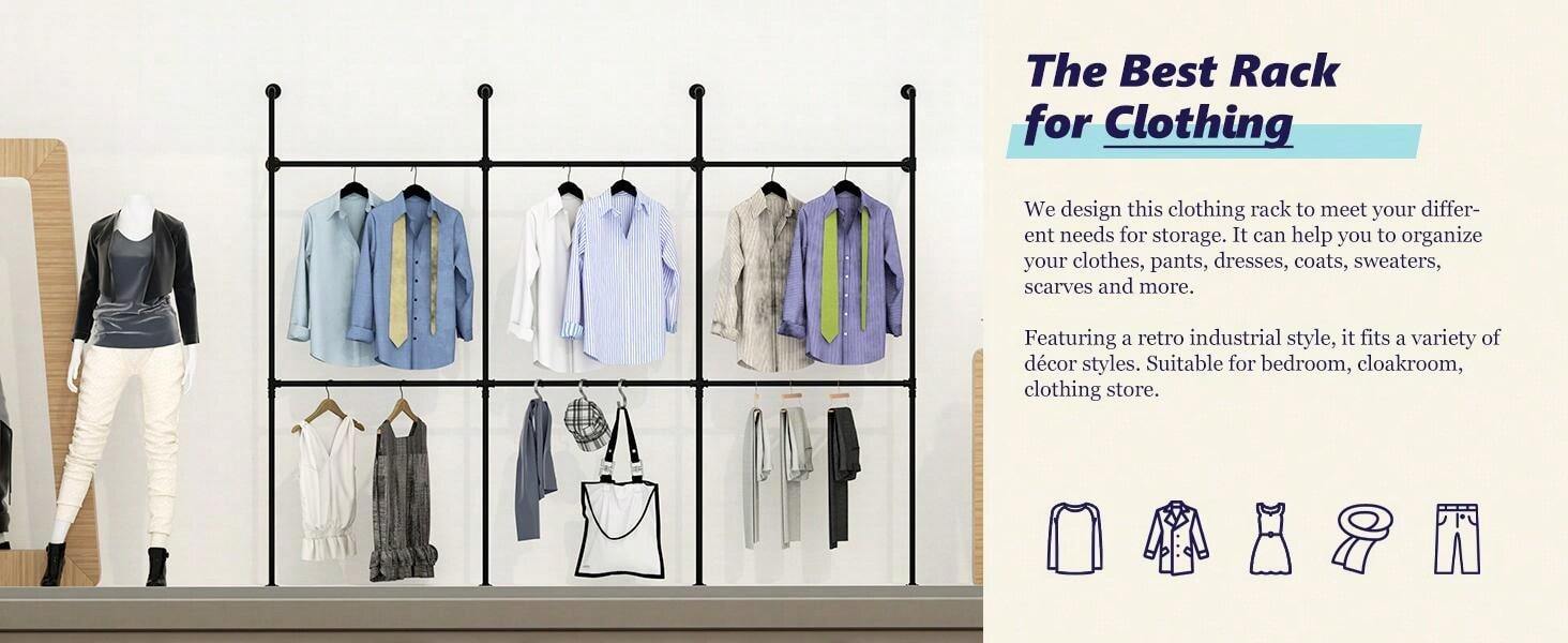LUCKUP Industrial Pipe Clothing Rack Height Adjustable Garment Rack For ...