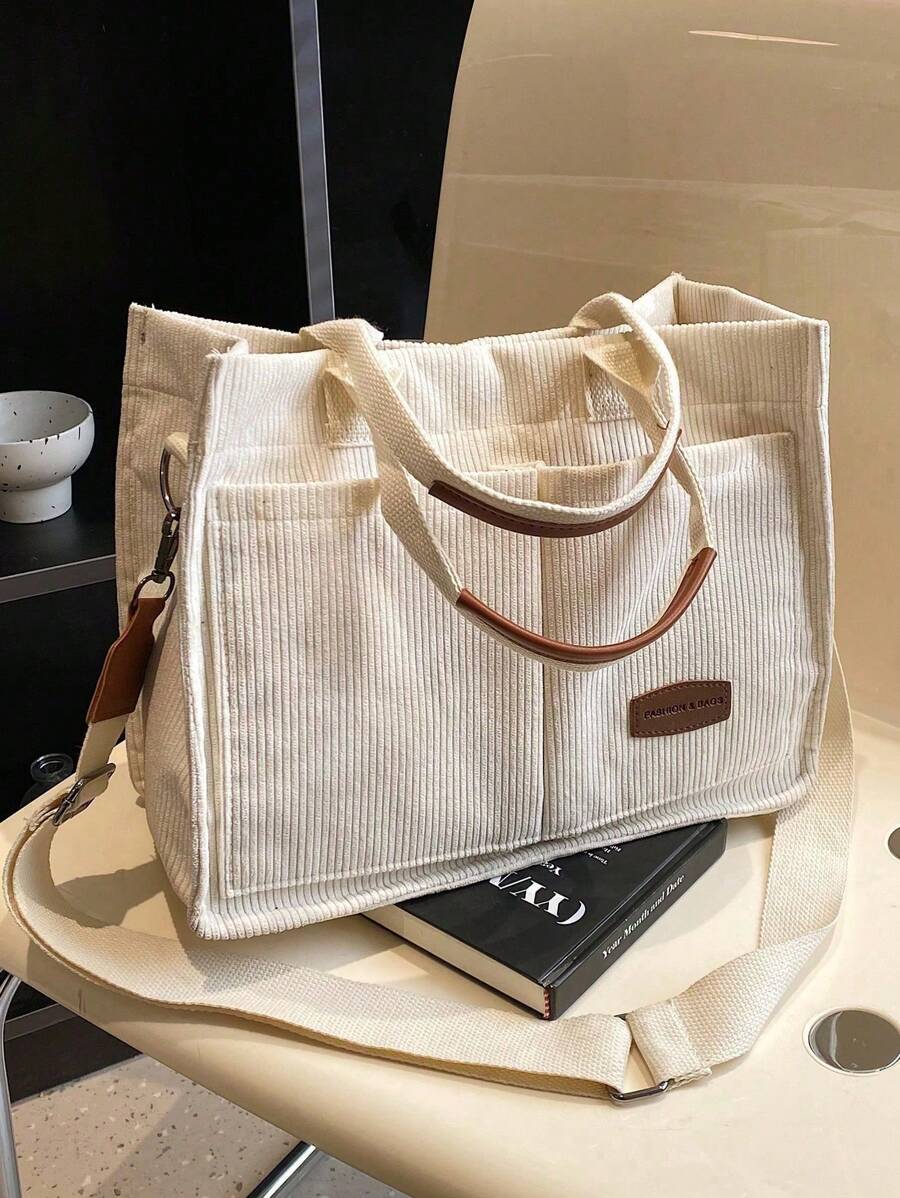 Large Capacity Corduroy Handbag, Plain Color Simple Style Shoulder Bag ...
