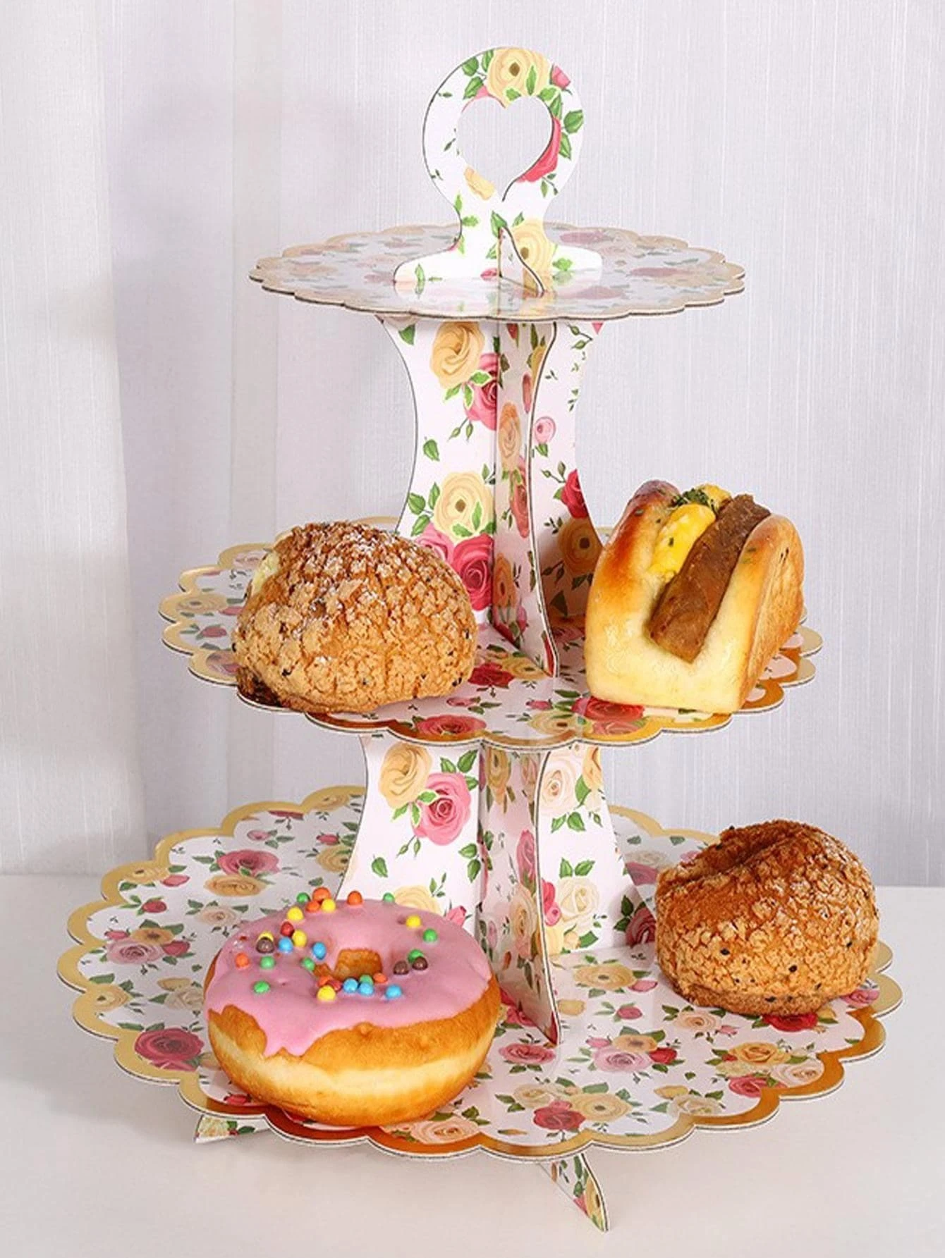 3-Tier Rose Flower Cake Stand, Paper Dessert Display Stand For Birthday ...