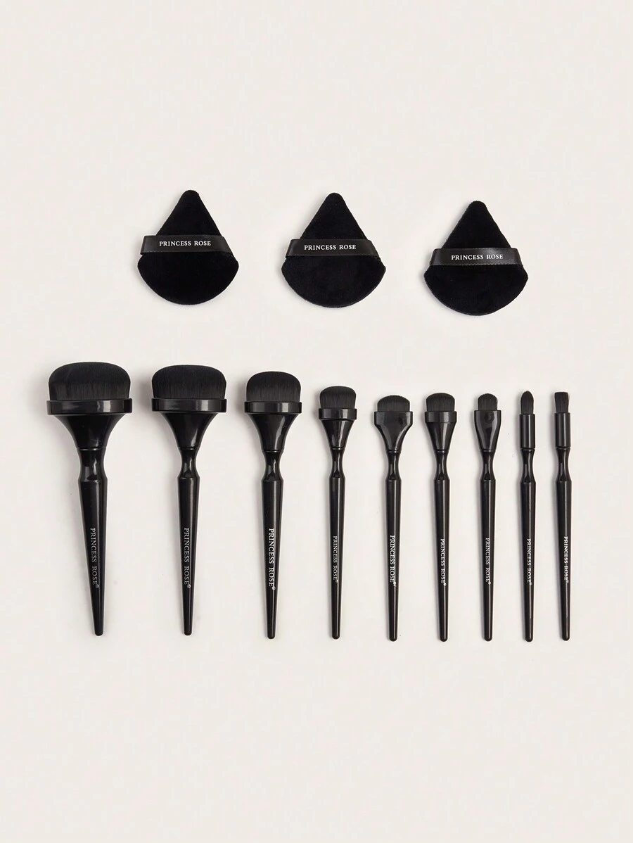 Rose Princess 9pc Black Makeup Brush Set And 3pc Black Triangular ...