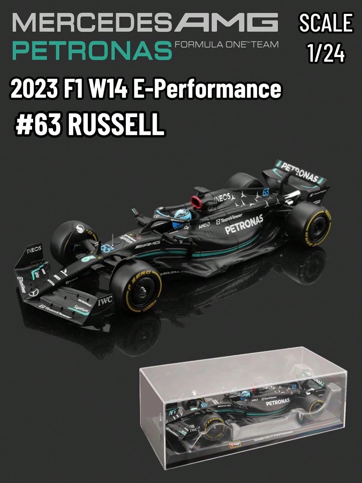 Bburago 1/24 Scale 23cm Mercedes W14 #63 Russell Formula 1 Racing Car ...