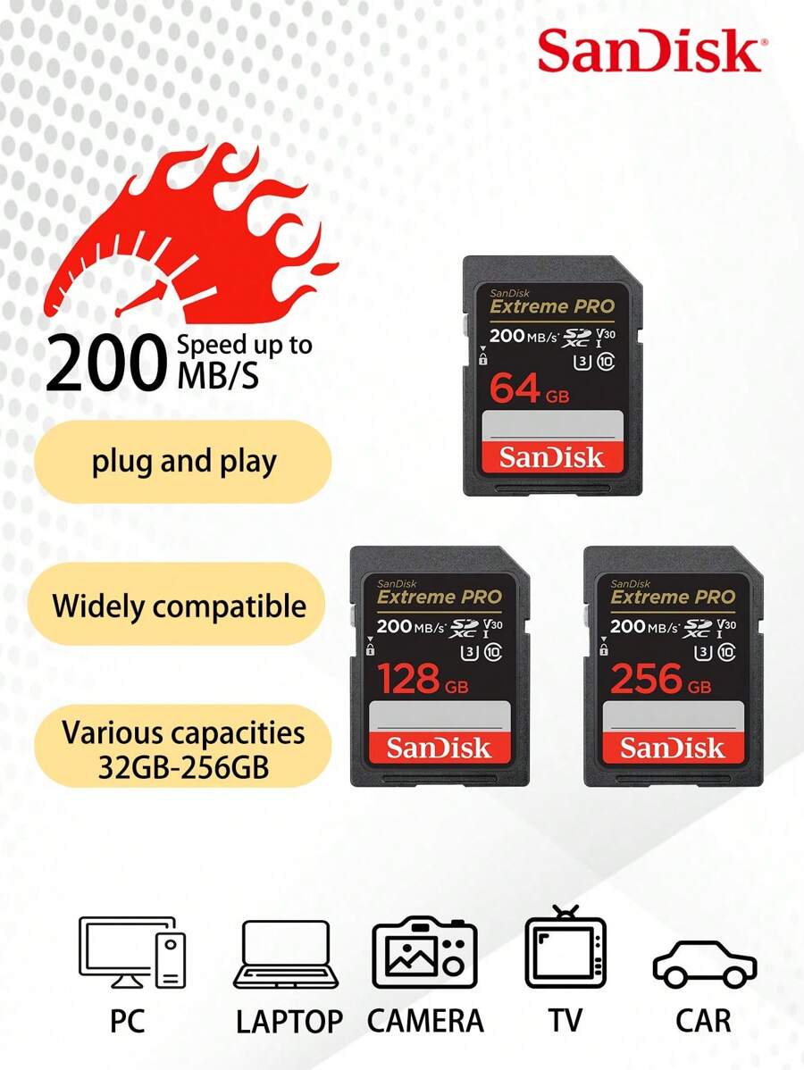 SanDisk SD Card Extreme PRO 256G 128G 64G 32G U3 4k Read Up To 200MB/S C10 V30 UHS-I SDHC / SDXC ...