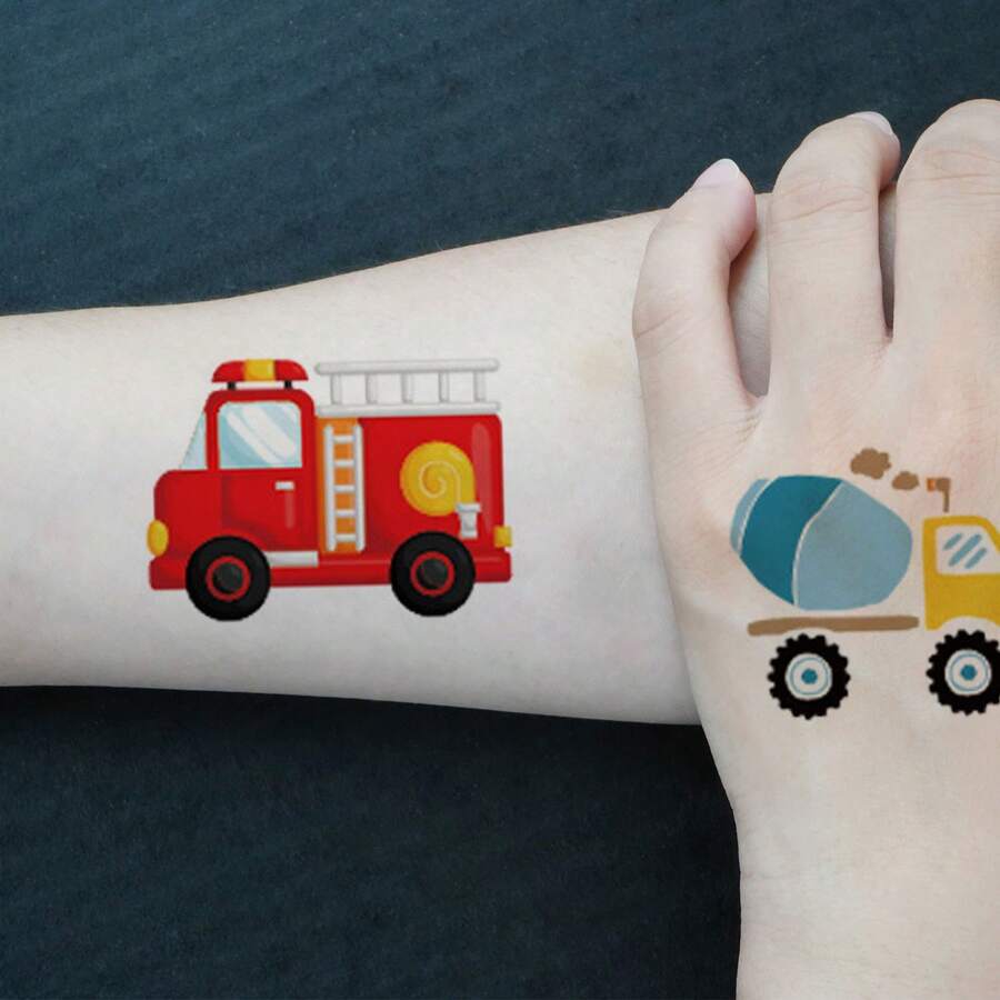 10 Sheets Temporary Tattoo Cartoon Excavator Bulldozer Engineering ...