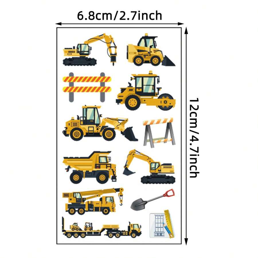 10 Sheets Temporary Tattoo Cartoon Excavator Bulldozer Engineering ...