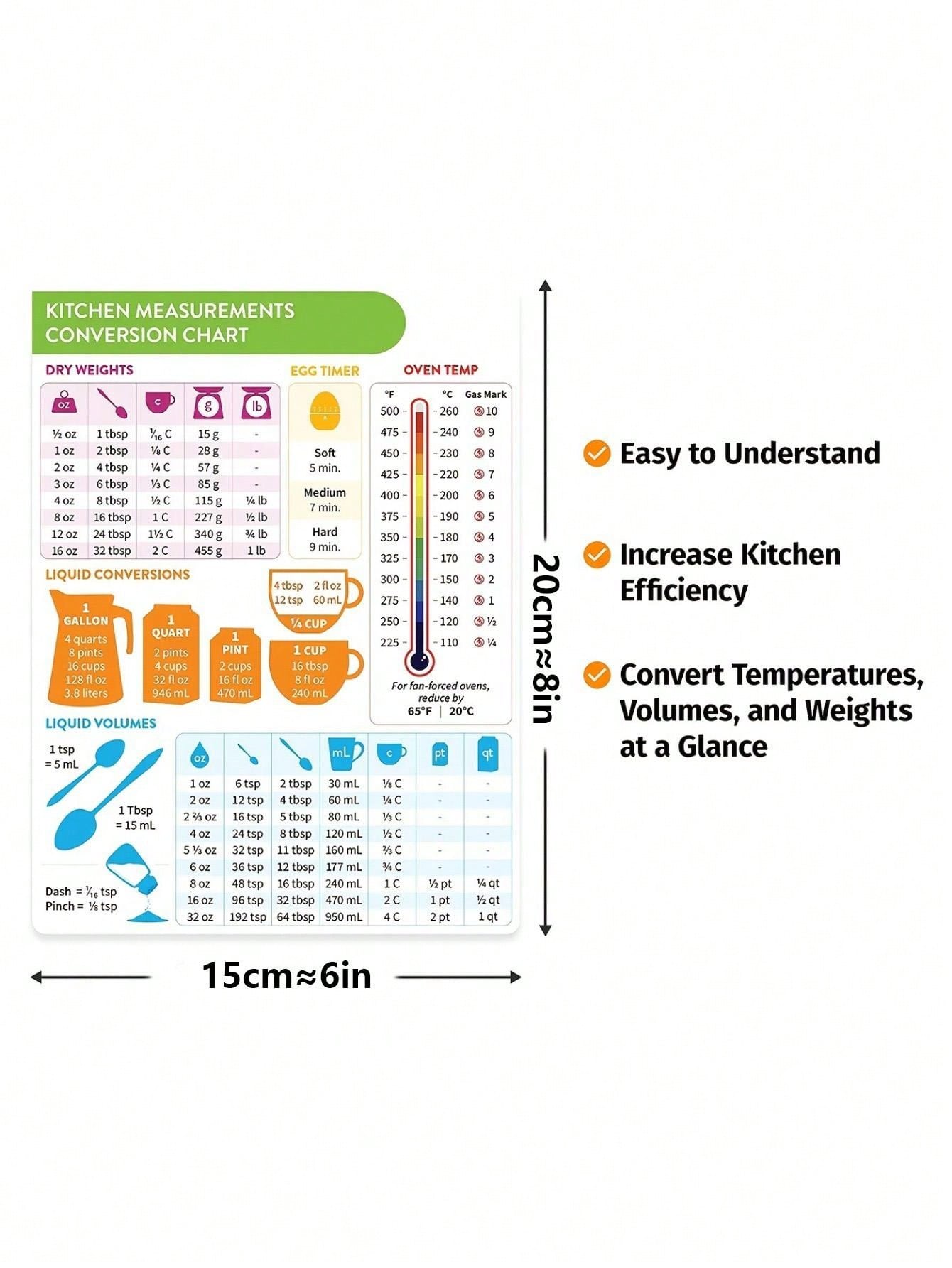 1pc 8inch/6inch Kitchen Conversion Chart Magnet - Imperial & Metric To ...