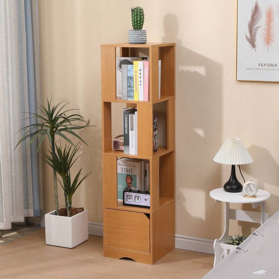 Desk Side Bookcase, 3-Tiers Display Shelf With Storage Drawer ...