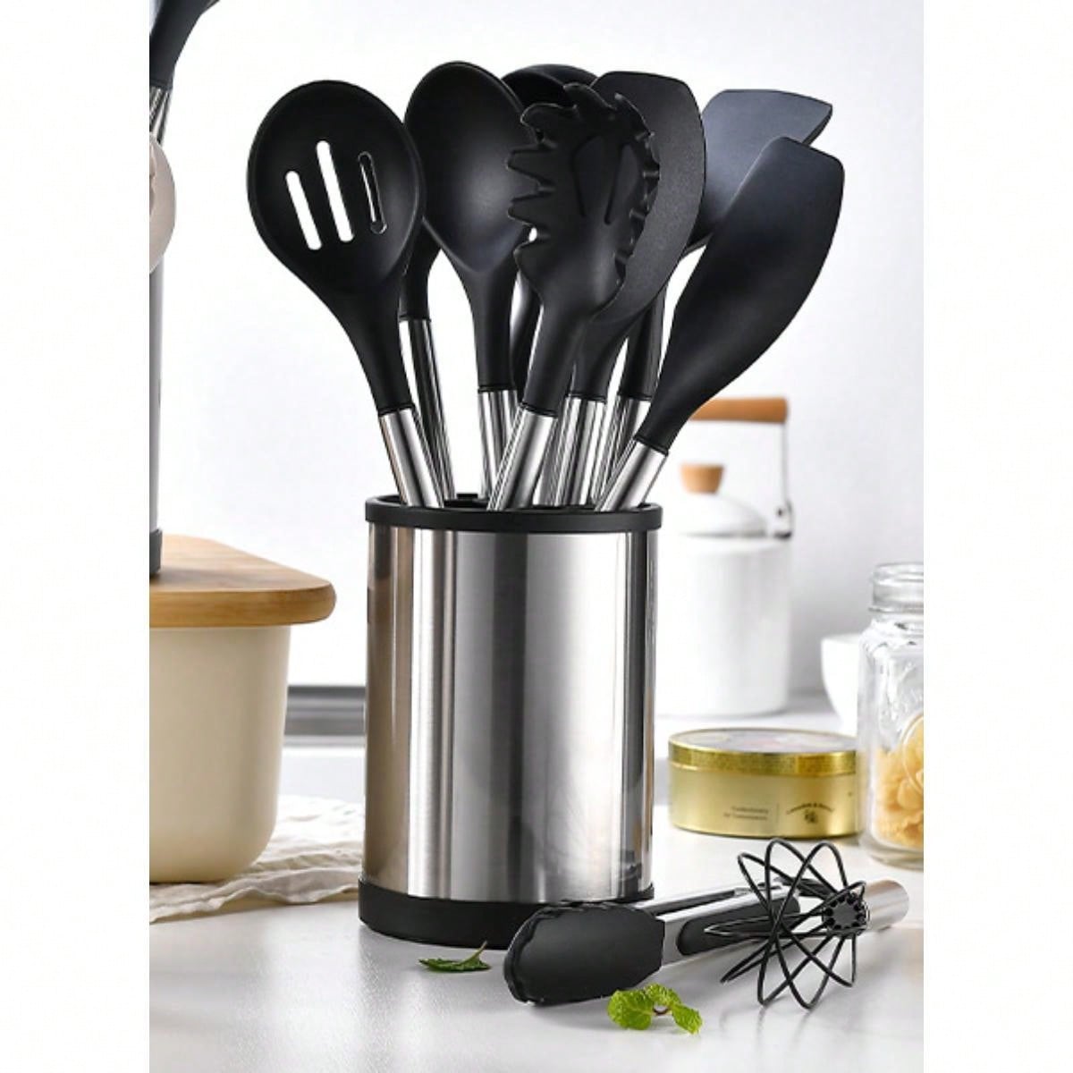 12pcs Stainless Steel & Silicone Kitchen Utensils Set With Rotating ...