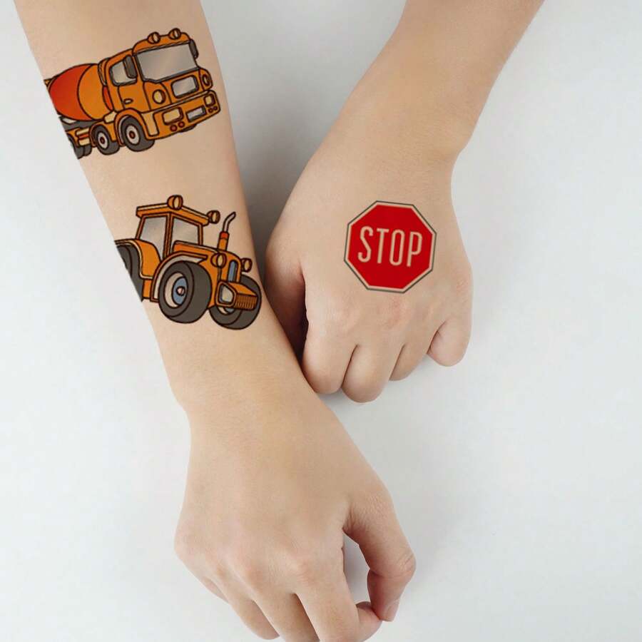 10 Sheets Temporary Tattoo Cartoon Excavator Bulldozer Engineering ...