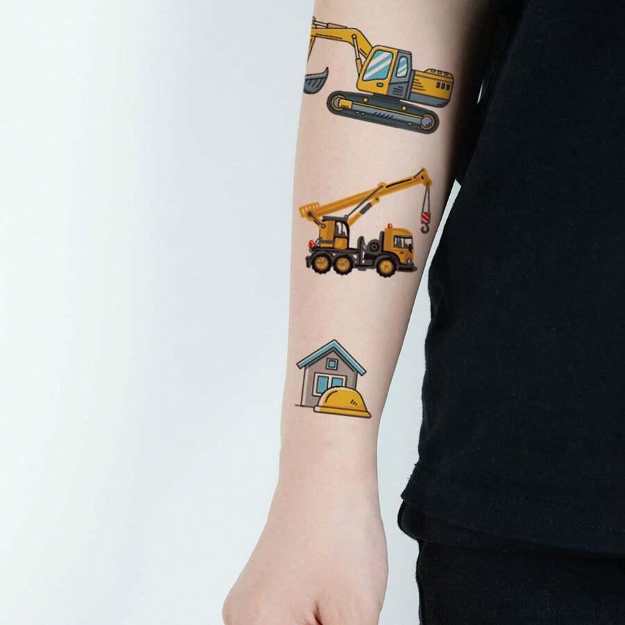 10 Sheets Temporary Tattoo Cartoon Excavator Bulldozer Engineering ...