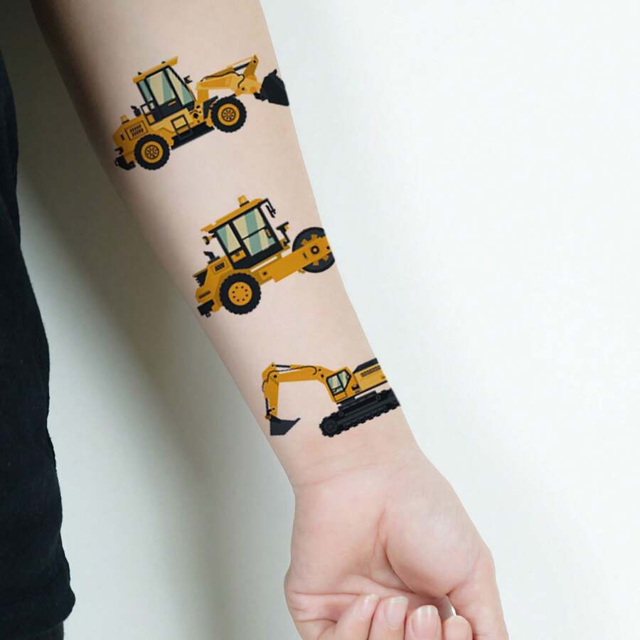 10 Sheets Temporary Tattoo Cartoon Excavator Bulldozer Engineering ...