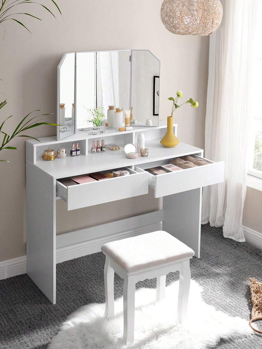 VASAGLE Dressing Table With Tri-Fold Mirror, Makeup Table With 2 ...